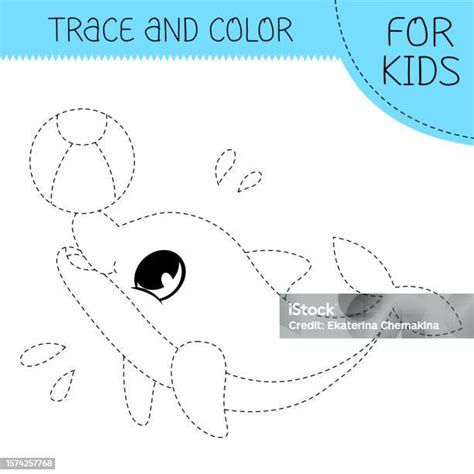 아이들을 위한 공이 있는 도핀이 있는 추적 및 색상 색칠하기 책 귀여운 만화 돌고래가 있는 색칠 공부 페이지 벡터 사각형 그림입니다 0명에 대한 스톡 벡터 아트 및 기타