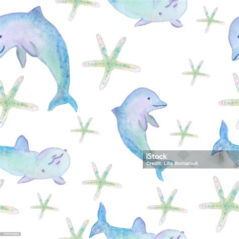 각도와 감정이 다른 두 돌고래와 불가사리 완벽 한 패턴 수채화 그림은 메모장과 패브릭 메모장의 디자인을 위해 흰색 배경에 고립되어 있습니다 Unmanned