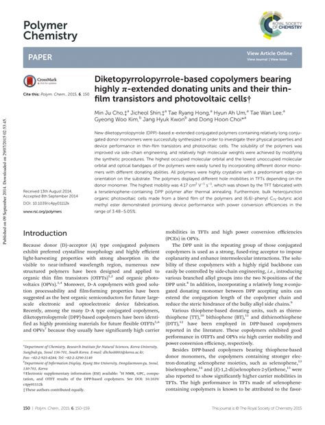 Pdf Diketopyrrolopyrrole Based Copolymers Bearing Highly π Extended