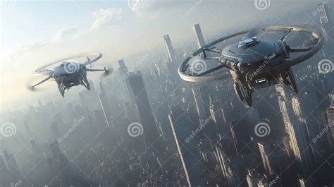Automated Drones Controlled By Ai Are Monitoring A City Skyline While Delivering Goods During
