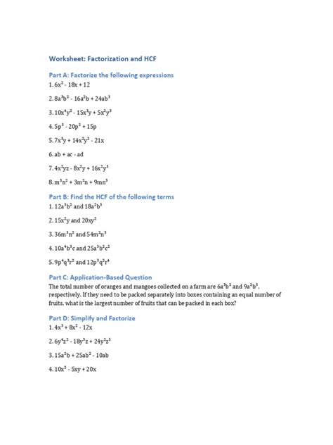 Factorization And Hcf Worksheet Pdf