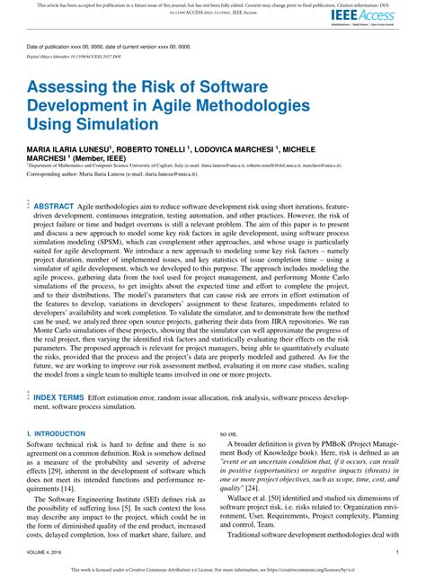 pdf assessing the risk of software development in agile methodologies using simulation