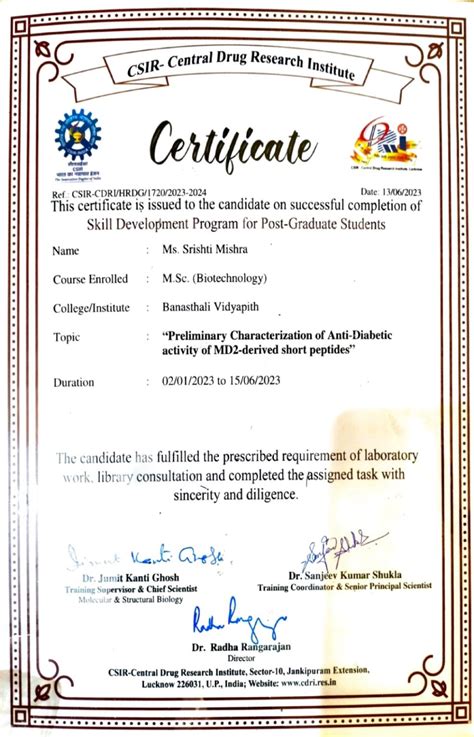 Csir Dissertation Certificate Biochemistry Research Srishti Mishra 10 Comments