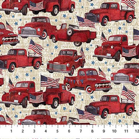 Old Red Trucks With Flags On Cream Fabric Dp25336 11 Cream Stars