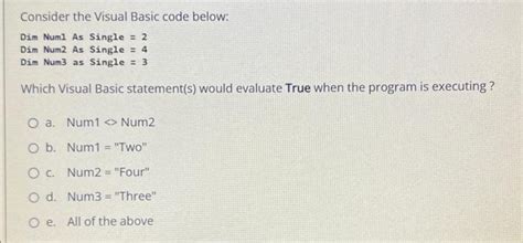 Solved Consider The Visual Basic Code Below Dim Num1 As Chegg