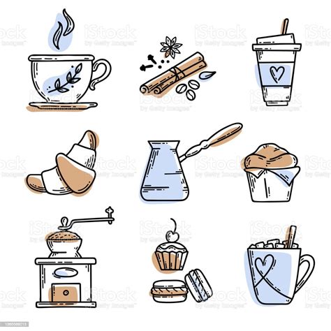 손으로 그린 커피 세트 컵 세즈브 향신료 커피 그라인더 크루아상 및 기타 디저트로 설정된 벡터 스케치 일러스트레이션 카페 및 레스토랑용 메뉴 디자인 0명에 대한 스톡 벡터