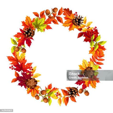 가을 잎 화환 인사말 또는 초대장 카드 디자인 벡터 원 프레임 잎에 대한 스톡 벡터 아트 및 기타 이미지 잎 갈색 주황색 Istock