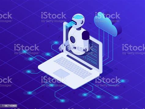 노트북 화면의 인공 지능 클라우드 신경망 Ai 로봇 3d 등각투영 벡터 일러스트레이션 노트북 사용하기에 대한 스톡 벡터 아트 및