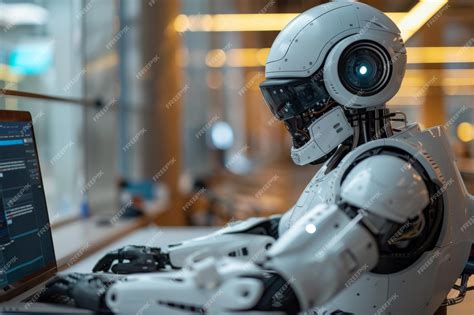Premium Photo Robot Sitting In Front Of Laptop Computer