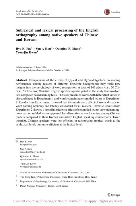 Sublexical And Lexical Processing Of The English Orthography Among Native Speakers Of Chinese