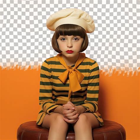 히스패닉 인종의 짧은 머리카락을 가진 혼란스러운 어린이 소녀는 선원 의상을 입고 파스텔 탄저린 배경에 맞춰 십자 다리 스타일의 앉은 자세로 포즈를 취합니다 프리미엄