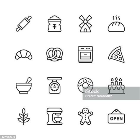 베이커리 라인 아이콘입니다 편집 가능한 스트로크입니다 픽셀 완벽한 모바일 및 웹용 베이커리 음식 레스토랑 피자 케이크 빵 햄버거 샌드위치 팬케이크 도넛 애플 파이 비스킷 디