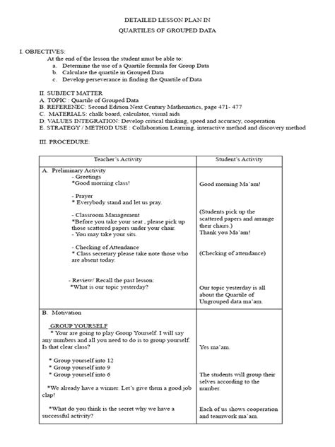 Lesson Plan On Quartiles Of Grouped Data Download Free Pdf Quartile