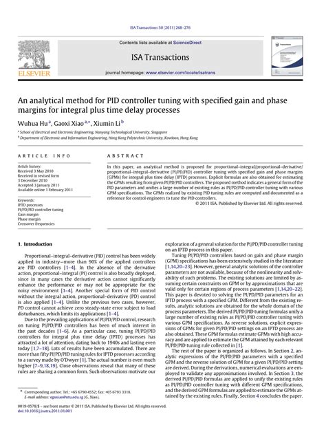 Pdf An Analytical Method For Pid Controller Tuning With Specified Gain And Phase Margins For