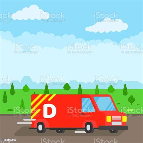 도로에 빠른 배달 트럭 서비스 밝은 파란색 배경에 격리 플랫 스타일 디자인 벡터 일러스트 뒤에 풍경 자동차 밴 배달 회사의 상징