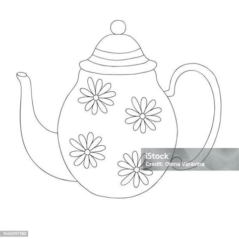 꽃으로 장식 된 주전자 간단한 낙서 개요 벡터 일러스트 레이 션 뜨거운 음료 차 커피 손으로 그린 디자인 요소를 만들기위한 주방