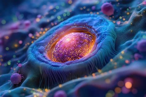 Vibrant Microscopic Cell Structure With Glowing Nucleus And Intricate Organelle Details Stock