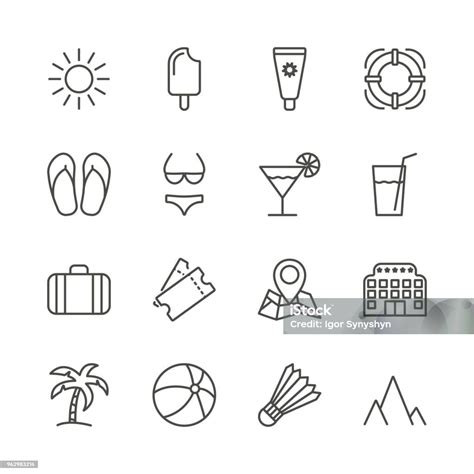 여름은 아이콘 벡터를 설정합니다 절연 선 레크리에이션 모음 기호입니다 최신 유행 플랫 개요 Ui 표시 디자인 여행 웹 사이트 모바일 App 로고 그림에 얇은 휴가 그래픽