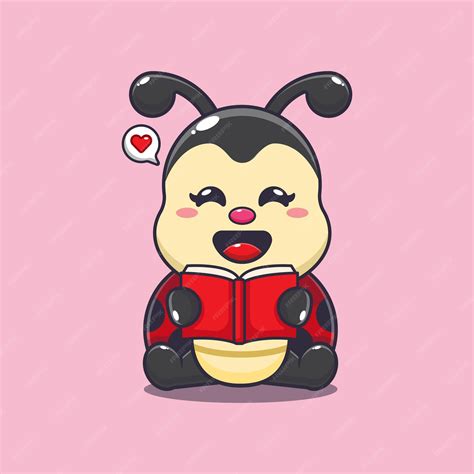 Милая ледибуг читает книжную мультфильмную векторную иллюстрацию Премиум векторы