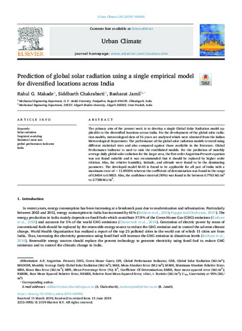 Pdf Prediction Of Global Solar Radiation Using A Single Empirical Model For Diversified