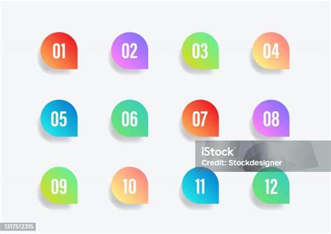 흰색 배경에 화살표 글머리 기호 삼각형 플래그를 설정합니다 1에서 12까지의 숫자로 다채로운 그라데이션 마커 현대 벡터 일러스트레이션 0명에 대한 스톡 벡터 아트 및 기타