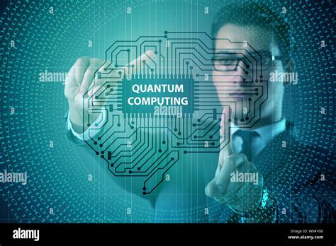 Businessman Pressing Virtual Button In Quantum Computing Concept Stock