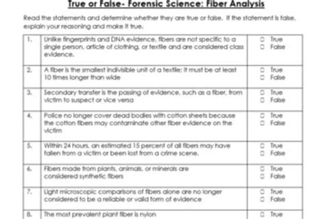 Forensic Science Introduction To Fiber Analysis True False Worksheet