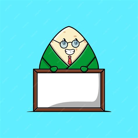 플랫 만화 스타일의 큰 화이트보드가 있는 귀여운 만화 중국 쌀 만두 교사 캐릭터 프리미엄 벡터