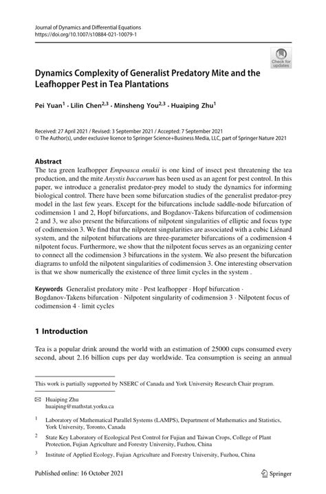 Pdf Dynamics Complexity Of Generalist Predatory Mite And The Leafhopper Pest In Tea Plantations