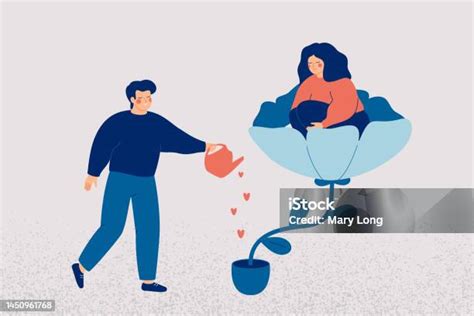 사랑에 빠진 커플 행복한 여자가 앉아있는 꽃에 물을주고 자라는 남자 젊은 가족은 낭만적 인 관계에 있습니다 공유 개념에 대한 스톡 벡터 아트 및 기타 이미지 Istock