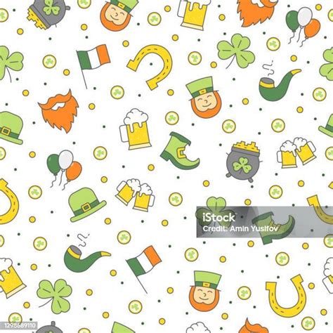 Leprechaun 아일랜드 사람 아일랜드 국기 클로버 풍선 흰색 배경에 가마솥세인트 패트릭데이 원활한 패턴 인사말 카드 벡터 아이콘 포장지 및 벽지 벡터 일러스트레이션