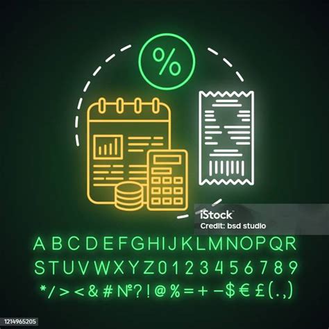 예금 계산기 네온 빛 개념 아이콘입니다 저축 아이디어 회계 도구 예산 및 자금 조달 이익 계산 알파벳 숫자 및 기호와 빛나는 기호 벡터 절연 그림 영수증에 대한 스톡 벡터