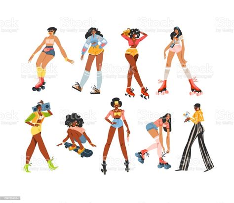 손으로 그린 벡터 추상 플랫 스톡 현대 그래픽 일러스트 레이 션 캐릭터 컬렉션 젊은 행복 복고풍 빈티지 여성 롤러 스케이터 디스코 파티 및 스케이트 보드 90 빈티지 요소의