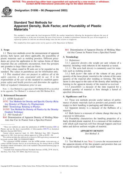 ASTM D1895 96 2003 Standard Test Methods For Apparent Density Bulk Factor And Pourability