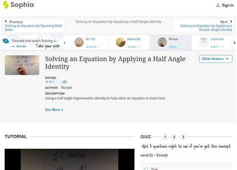 Sophia Solving An Equation By Applying A Half Angle Identity Lesson 3 Instructional Video For