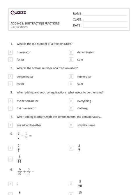 50 Adding Fractions With Like Denominators Worksheets For 5th Grade On Quizizz Free And Printable
