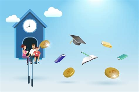자녀 교육 투자를위한 가족 재정 계획 투자 수익과 졸업 모자 및 학교 문구류에서 금화를 가진 시계에 행복한 가족 가족에 대한 스톡 벡터 아트 및 기타 이미지 Istock