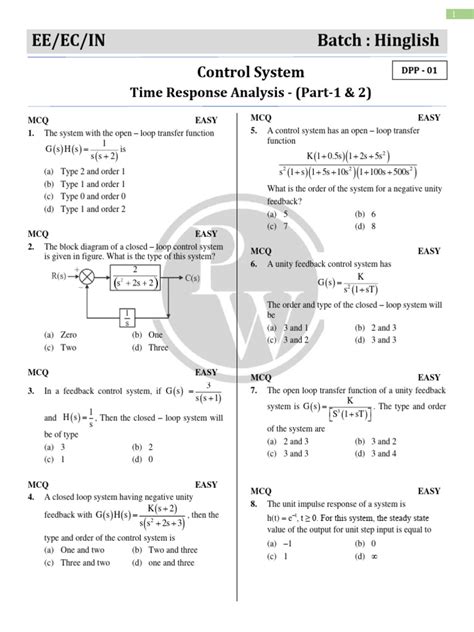 Time Response Analysis Dpp 01 Of Lec 01 And 02 Download Free Pdf