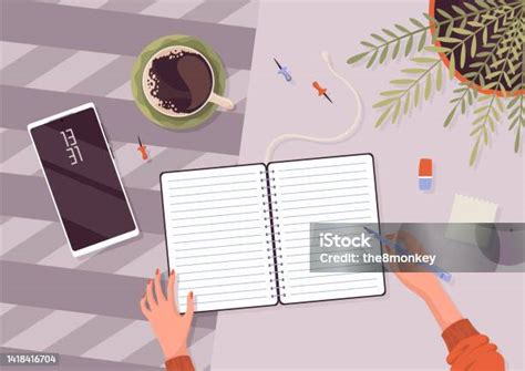 맨 위 보기 회사 조직 모형입니다 디자인을위한 사무실 물건이있는 업무용 책상 노트북 스마트 폰 커피 컵 핀 연필 지우개 및 화분에 대한 상단보기 홈 오피스 용품의 템플릿