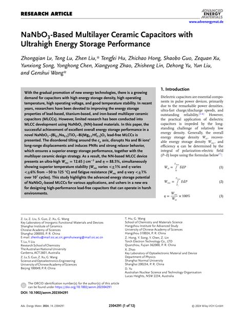 Nanbo3‐based Multilayer Ceramic Capacitors With Ultrahigh Energy