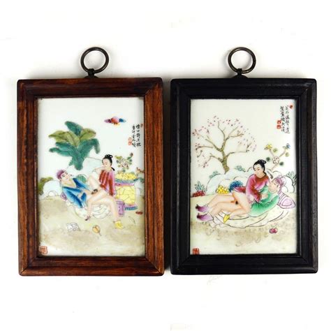 Famille Rose Erotic Tiles With Brass Frame Ceramics Chinese Oriental