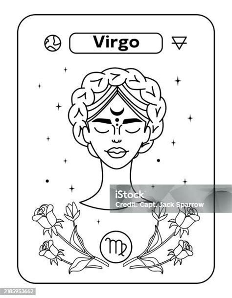 지도의 처녀자리는 조디악 별자리의 상징입니다 선형 스타일의 소녀 흑인과 백인 평면 벡터 일러스트 레이 션 Eps10 땋은 머리에 대한 스톡 벡터 아트 및 기타 이미지
