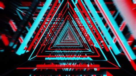 Abstract Background Neon Glowing Cyan And Red Triangle Tunnel Light Lines Moving Stock Footage