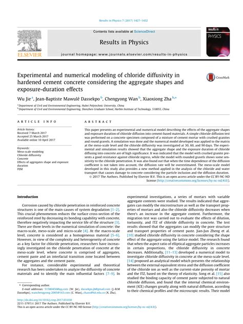 Pdf Experimental And Numerical Modeling Of Chloride Diffusivity In