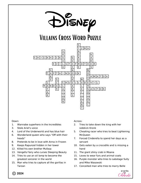 Printable Disney Crossword Puzzles Easy Crossword Puzzles