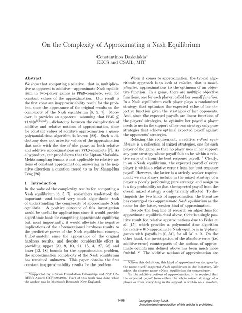 Pdf On The Complexity Of Approximating A Nash Equilibrium