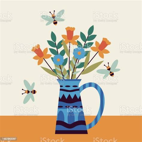 봄 카드 초대장 인쇄 안녕하세요 봄 노란색 테이블에 파란색 꽃병과 꿀벌에 꽃이 있는 사각형 템플릿입니다 벡터 그림입니다 개체 그룹에 대한 스톡 벡터 아트 및 기타 이미지