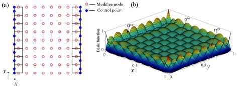a distribution of meshfree nodes and control points and b basis