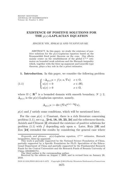 Pdf Existence Of Positive Solutions For The Px Laplacian Equation