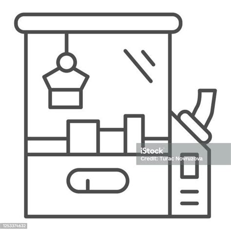 장난감 기계 얇은 라인 아이콘 놀이 공원 개념 흰색 배경에 크레인 게임 표지판 모바일 개념 및 웹 디자인을위한 윤곽 스타일 버튼 아이콘발톱 크레인 기계 벡터 그래픽 갈고리